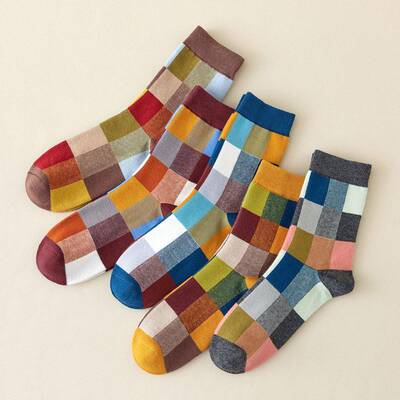 5 Pairs Classic Checkered Mid Tube Socks Cotton Men's Socks