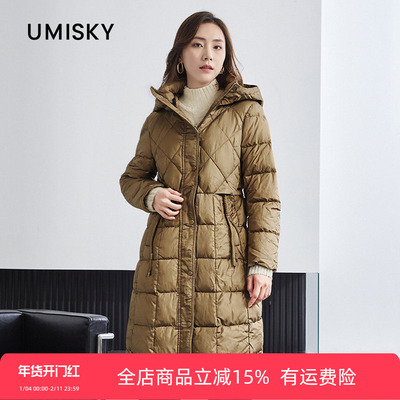 umisky优美世界冬季菱格简约显瘦收腰中长款羽绒服DK4Y3001