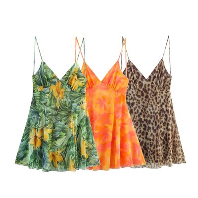 V领印花绢网迷笛吊带连衣裙女