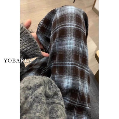 格纹直筒休闲裤子女秋季胖mm大码