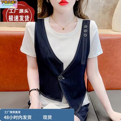 设计感牛仔拼接假两件短袖T恤女2025夏季新款休闲条纹体恤衫上衣