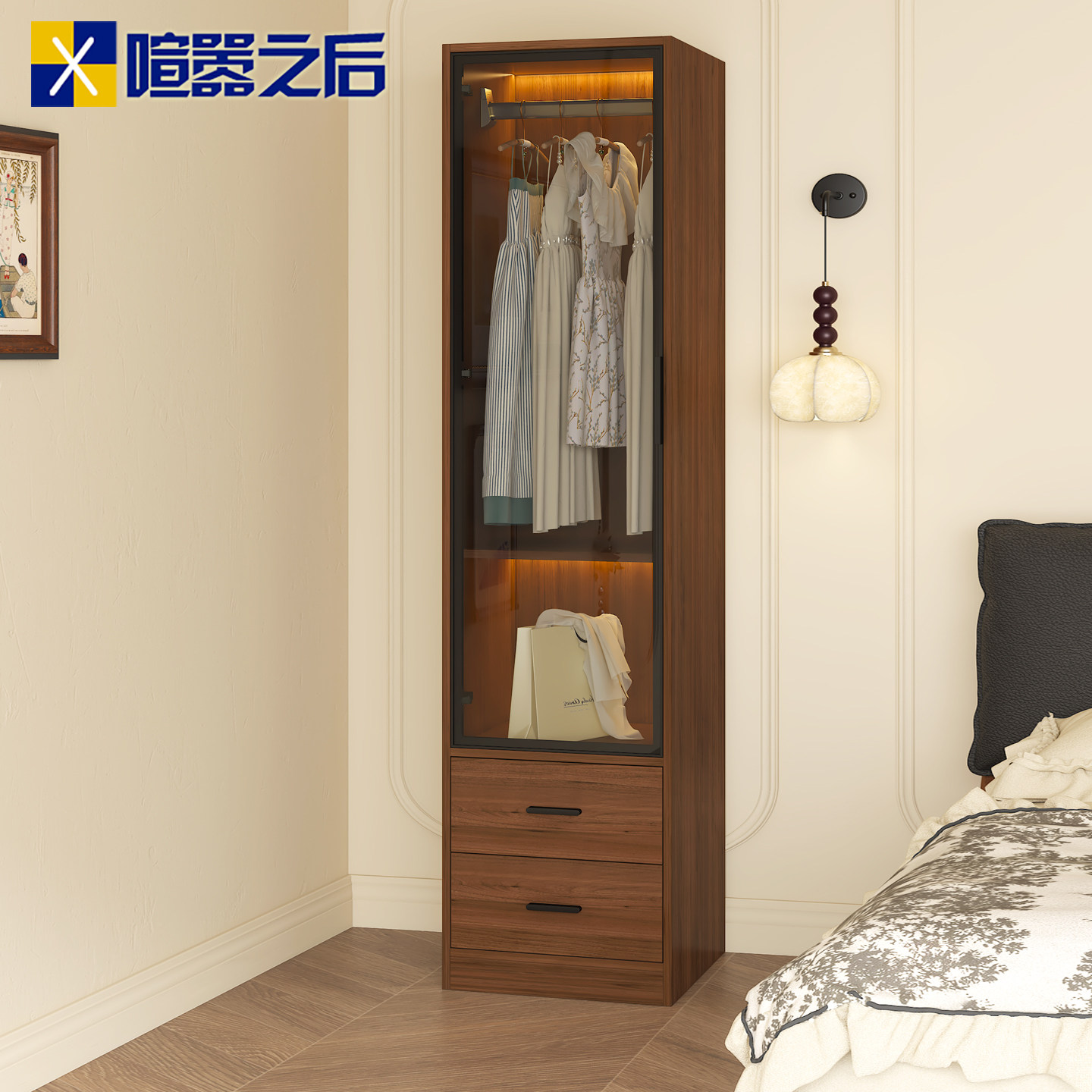 实木衣柜家用卧室中古风自由组合玻璃门大衣橱衣帽间储物柜9A97