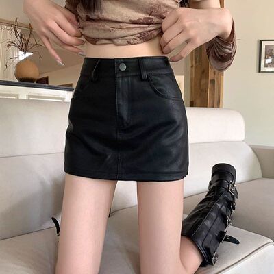 美拉德pu皮半身裙女春季2024新款小个子高腰棕色裙子a字包臀短裙