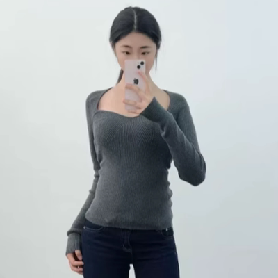 2025秋季新款女装法式时尚黑色心形领口针织上衣MFPPU00955