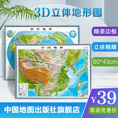 中国地图世界地图两张 3D地图立体地形套装 中号60x43cm 精美边框 立体精雕 书房客厅教室墙贴 学生用 中国地图出版社