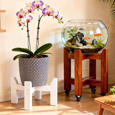 防腐实木带轮可移动圆形鱼缸架
