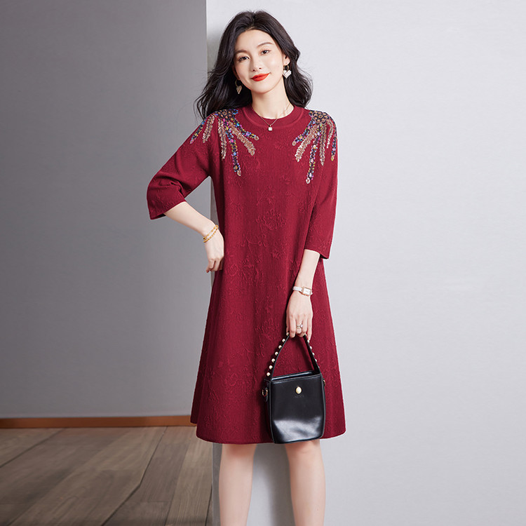 梵猫2025春季新款喜婆婆婚宴装酒红色礼服裙妈妈装重工钉珠连衣裙