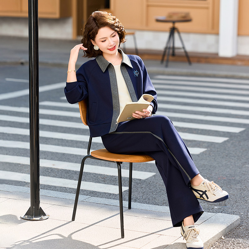 运动通勤风妈妈春装两件套中老年女装显年轻高档外套长裤套装