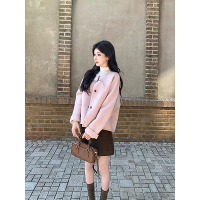 solo爆爆柔粉雪姬小个子双面呢大衣蒲公英粉圆领短款羊毛外套女