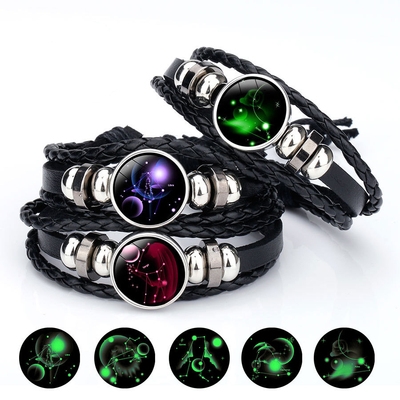Glow in The Dark 12 Constellations Leather Rope Bracelet