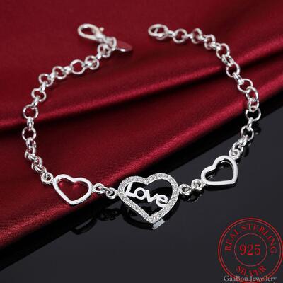 925 Stamp Silver Color heart LOVE Girl Bracelets Geometry