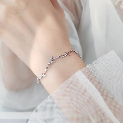 Sterling Silver Leaf Bracelet For Women INS Sweet
