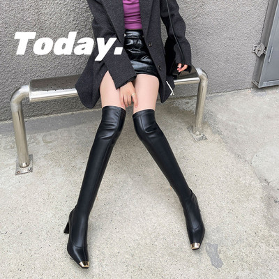 秋冬皮靴钢包头方头粗跟高跟过膝长靴女长筒瘦瘦靴性感真皮靴 LKO