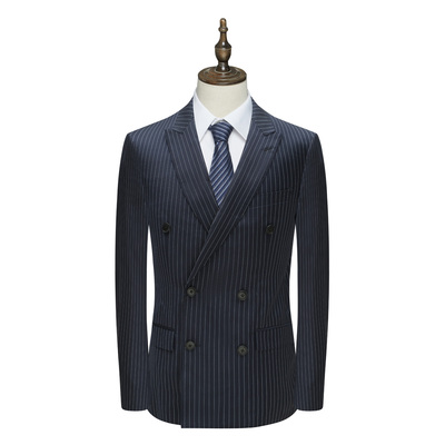 H1553曼斯男士商务双排扣条纹西服深蓝色100羊毛西装外套D845002