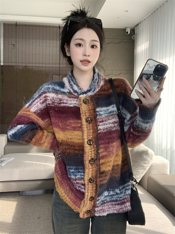 新爆款实拍慵懒风复古毛衣外套女设计感开衫秋冬加厚中长款针织衫