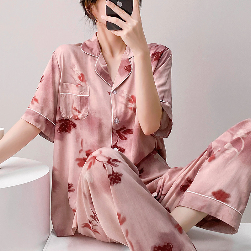 夏季棉绸睡衣女短袖薄款透气人造棉家居服韩版宽松加大码绵绸套装