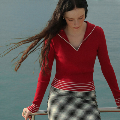 LLANO腈纶毛针织衫海军领