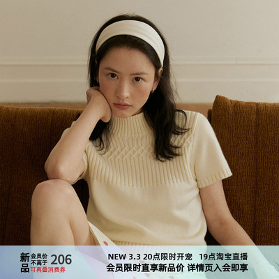 LLANO高领坑条短袖针织带袖套针织衫气质甜美薄毛衣上衣女春夏季