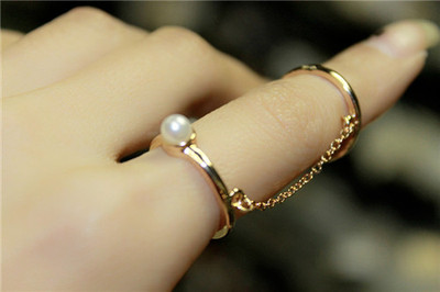 日韩简约风继承者们戒指百搭个性食指双环珍珠金属质感关节指环女
