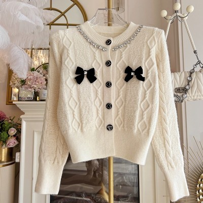 软糯加厚毛衣女装冬2025年设计感重工镶钻单排扣宽松麻花针织开衫