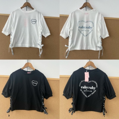 2L-46儿童黑白日系侧边绑带爱心字母圆领短款甜酷短袖T26-3