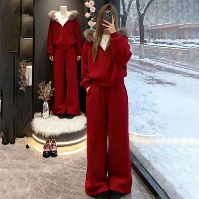 女加绒加厚开衫卫衣两件套