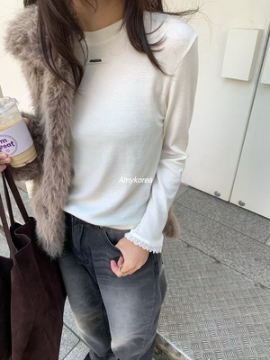 UNDERSON Amy韩代 25fw 东大门 花边小标 长袖t恤 简约百搭