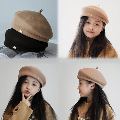 澳洲进口羊毛女童贝雷帽带防风绳