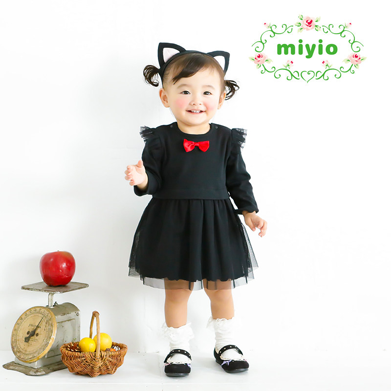 miyio女童春秋连衣裙3岁至6岁宝宝天鹅绒长袖裙子带猫饰纱裙包邮
