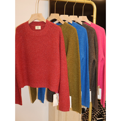 J家 真丝羊绒7针元宝针圆领套头基础休闲针织短款毛衣66698