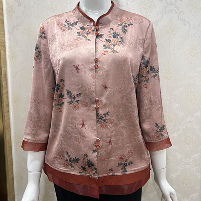 佰仟纳25039中老年女装妈妈装七分袖衬衫新中式国风定位花上衣