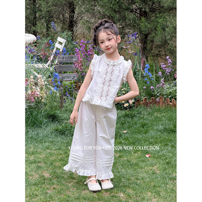 YFY法式度假风白色花边套装女童夏季无袖上衣阔腿裤两件套刺绣