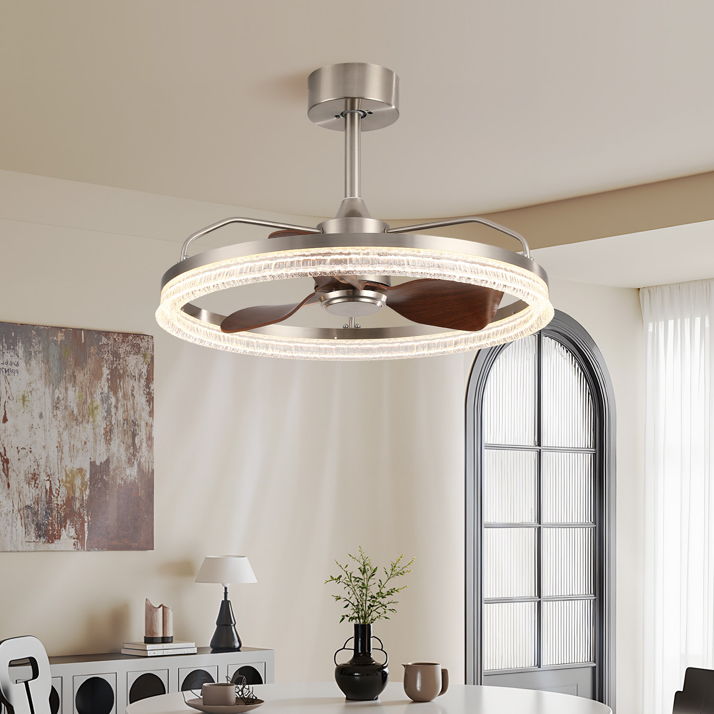 现代简约LED风扇灯智能客厅餐厅隐形吊扇灯大风力带灯具