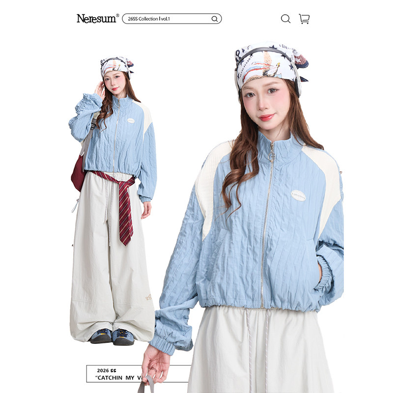 NERESUM美式学院风拼色立领夹克女潮牌春季宽松褶皱短款运动外套