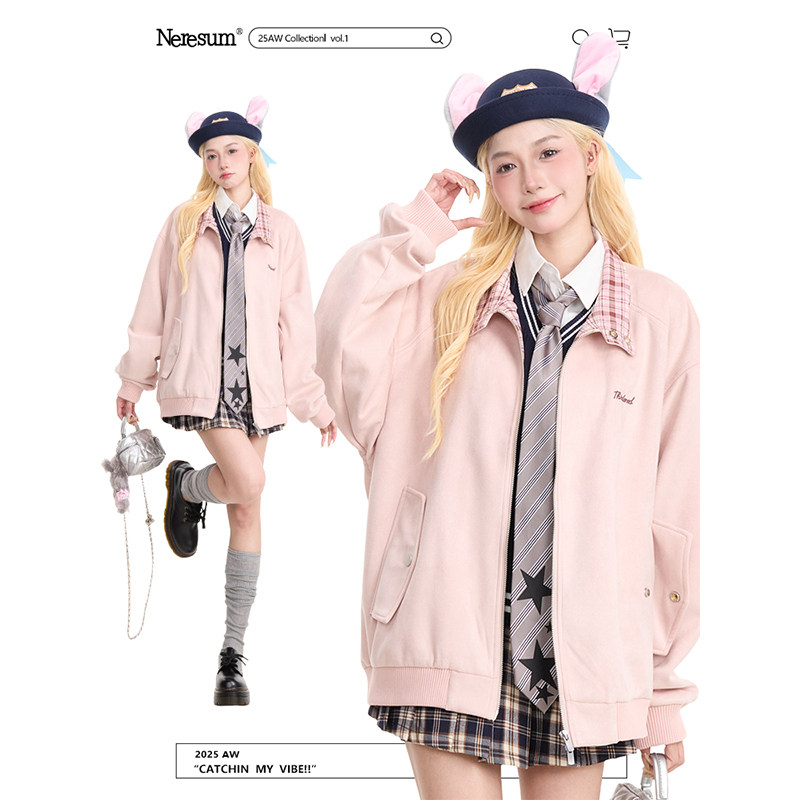 NERESUM美拉德麂皮绒格纹翻领夹克女秋冬复古设计感棒球服外套