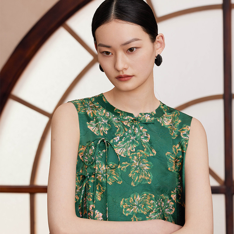 如意连云夏款真丝混纺斜襟提花衬衫女新中式国风复古系带盘扣上衣