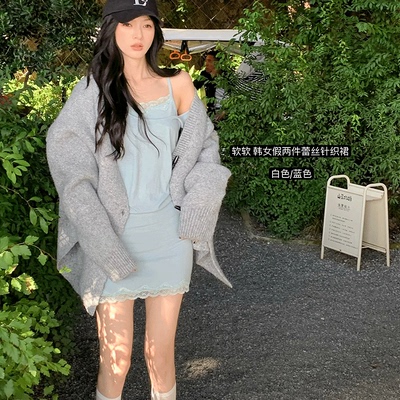 软软韩女假两件蕾丝针织裙