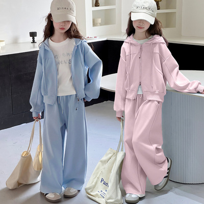 女童春秋纯色套装2026新款洋气休闲时髦衣服中大童运动两件套春装