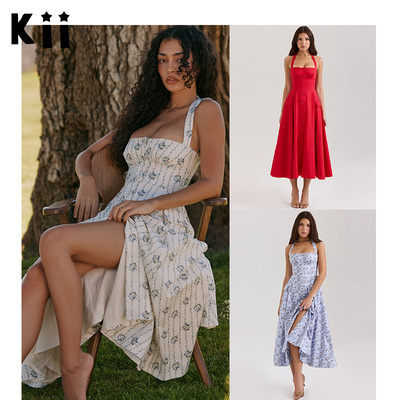 HouseofCB挂脖式方领中长连衣裙