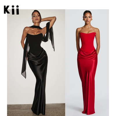 Kii正品在途BABYBOO优雅礼服裙长裙紧身抹胸裙拼接缎面绑带连衣裙