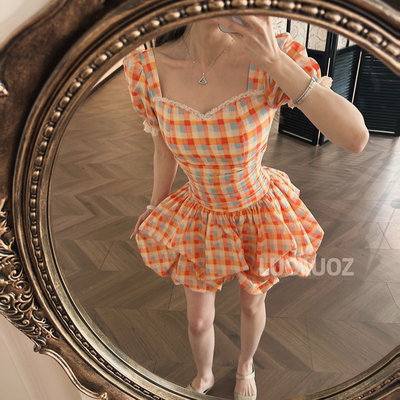 LUOLUOZ【橘调假日】全棉收腰显白复古减龄格纹短款连衣裙JF1223