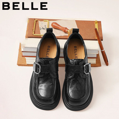 百丽复古厚底方扣乐福鞋女黑色