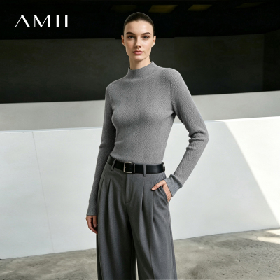 Amii2026冬新款休闲百搭半高领人字纹提花毛衣女修身显瘦内搭上衣