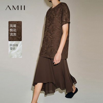 Amii2026夏新款圆领落肩袖拼雪纺流苏凤尾剪花连衣裙女宽松裙子