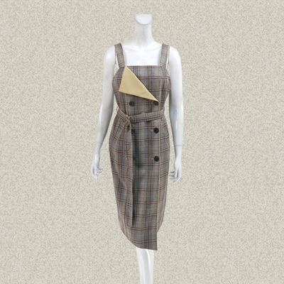 不对称学院风格子连衣裙吊带裙