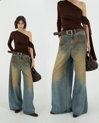 INSS美式脏染复古蓝色褪色做旧阔腿直筒牛仔裤91008