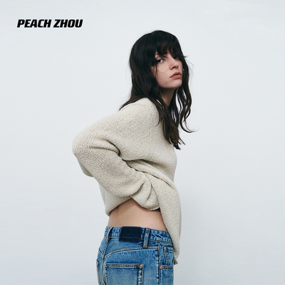 PEACHZHOU 亚麻棉Row风定制纱线极简卷边针织衫圆领松弛秋季毛衣