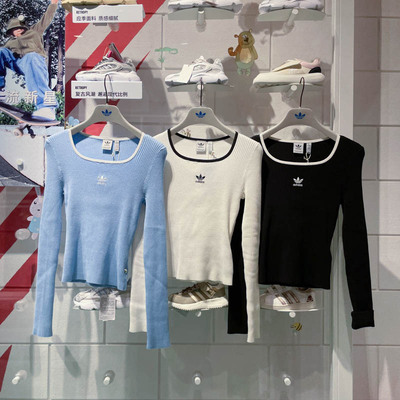 阿迪达斯三叶草女子2024冬新款简约针织运动紧身方领套头衫JM8055