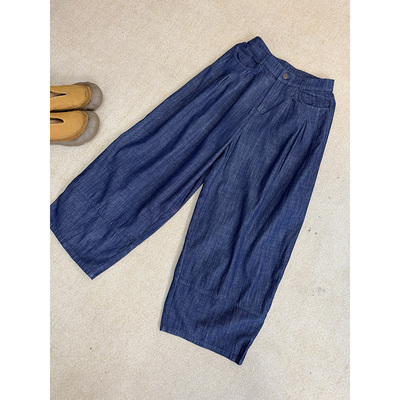 早春复古文艺风松紧腰宽松休闲阔腿休闲直筒九分裤0745