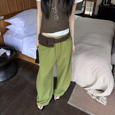 韩系全棉高腰显瘦拼接阔腿卫裤